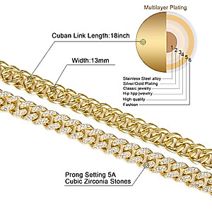 FEEL STYLE Mens Cuban Link Chain Gold Silver Plated Bling Miami Cuban Necklace Diamond Chain for Men13MM Iced Out Hip Hop Jewelry