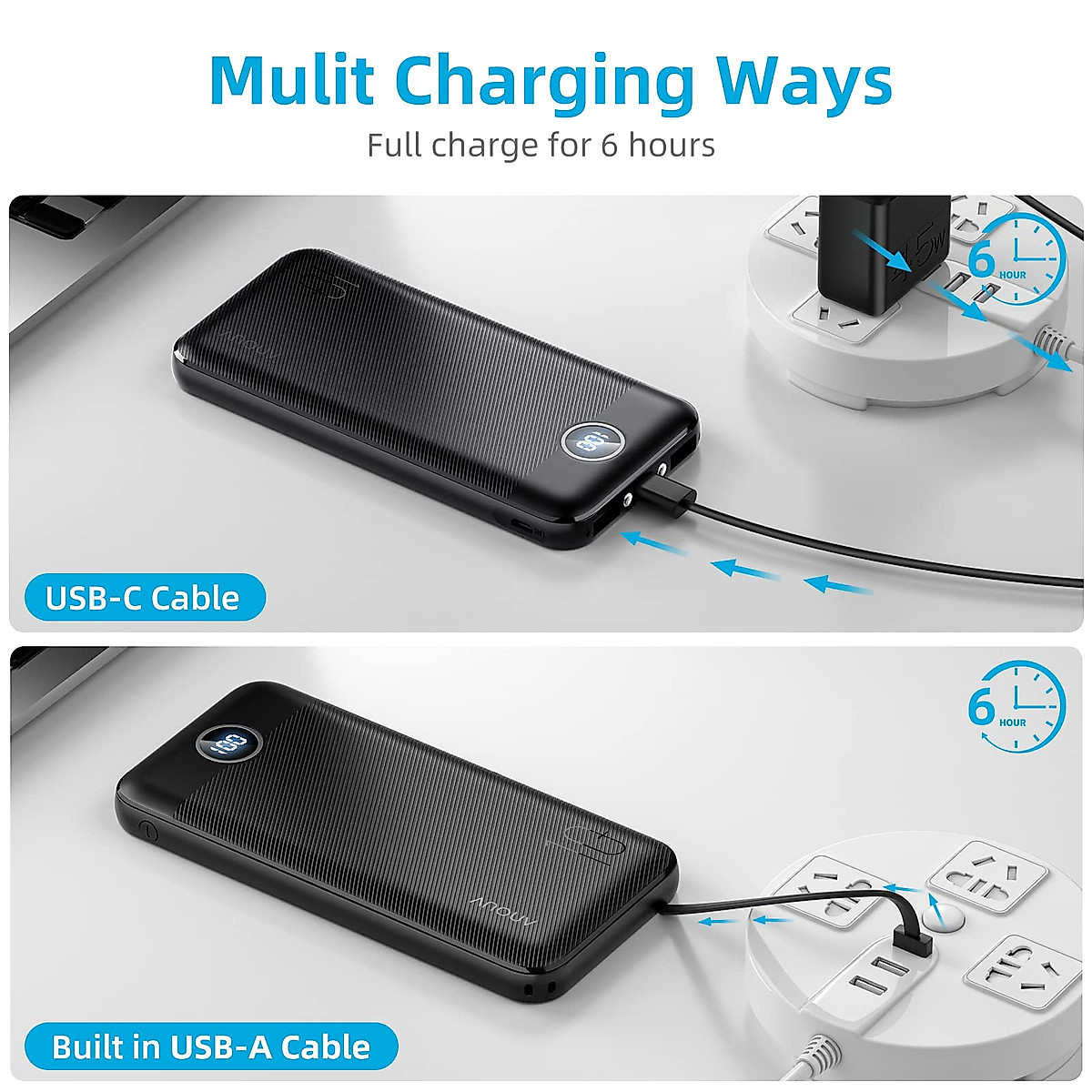 ANOUV Portable Charger with Built in Cables,10000mAh Slim USB C Power Bank,5 Output 3 Input 2 Flashlight LED Display External Battery Pack Compatible with Cell Phone and Most Smart Devices（1 Pack）