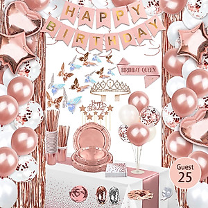 UJoyant 236 Pcs Birthday Decorations For Women, Rose Gold Party Decorations Kit For Girls Or Women - Butterfly Decors, Hanging Swirl, Balloon Stand Kit, Sash, Tiara, Banner, Tassel Curtain, Balloon, Tableware Kit For 25 Guests