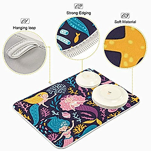 Cute Mermaids Whale Corals Seaweed Dish Drying Mat 24"x18" Absorbent Machine Washable Hanging Fast Dry Pad Dish Protective Mat for Kitchen Countertop Heat Resistant Dinner Table Mat