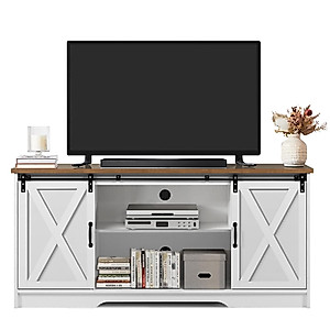 4 EVER WINNER White TV Stand for 65 Inch TV, 58" Farmhouse Entertainment Center with Sliding Barn Doors for Televisions up to 65+ Inch, TV Stand 65 Inch with Adjustable Shelf for Living Room