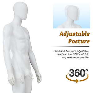 Male Mannequin Full Body Body, 73 Inches Adjustable Detachable Dress Model Stand Realistic Display Mannequin Head Metal Base for Retail Clothing Shops, Halloween Christmas Cosplay, 1pcs