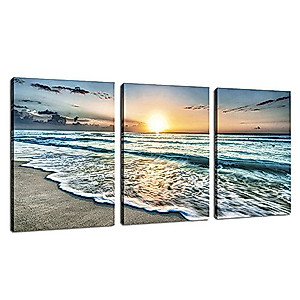 Canvas Wall Art Beach Sunset Ocean Waves Wall Decor 3 Pieces x 12" x 16" Modern Seascape Canvas Artwork Contemporary Nature Pictures Painting Giclee Prints Framed Ready to Hang for Home Decoration