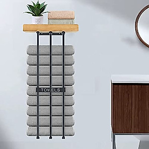 HTCBF Wall Towel Rack for Rolled Towels with Shelf,Upgrade 3 Bar Towel Racks for Bathroom Wall Mounted,Metal Towel Holders with Wooden Shelf,Bath Towel Holder for Folded Large Towel Washcloths