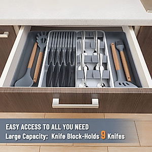 Kitchen Drawer Organizer, Silverware Organizer w/ Knife Block, Expandable Utensil Organizer and Cutlery Tray for Drawers, Large Silverware Tray for Kitchen Utensils Flatware Knives Storage & Organize