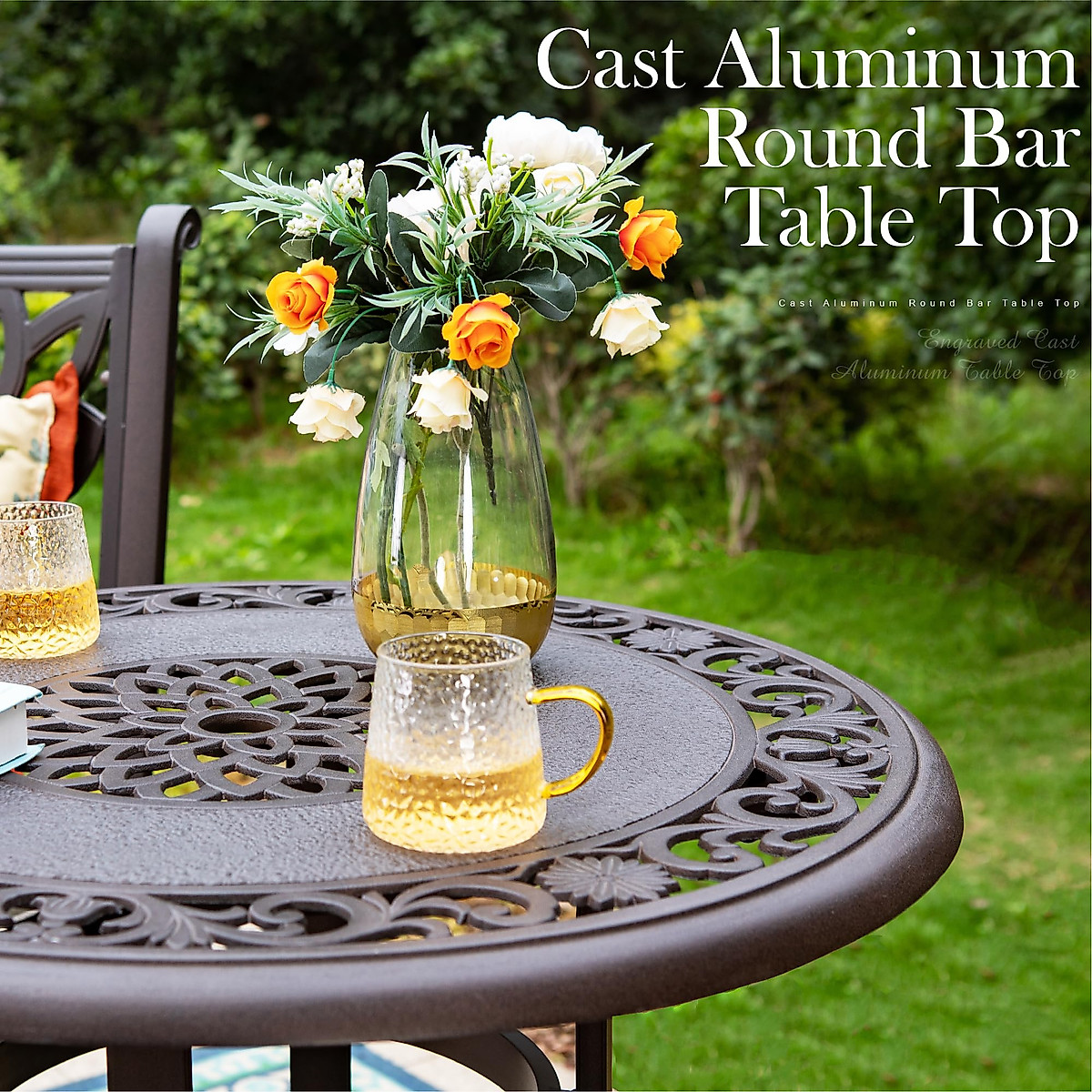 PHI VILLA 32" Cast Aluminum Patio Bar Table, 41" Height High Top Outdoor Table, Pub Height Bistro Round Table for Paito Lawn Garden, Brown