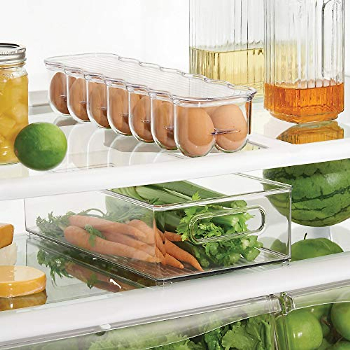 iDesign Plastic Egg Holder for Refrigerator with Handle and Lid, Fridge Storage Organizer for Kitchen, Holds up to 14, 4.25" x 14.5" x 3", Clear