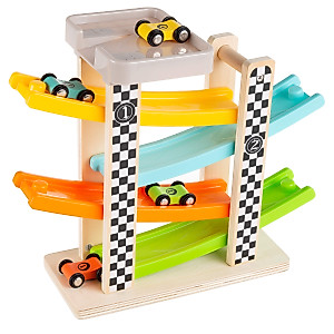 Hey! Play! Toy Race Track and Racecar Set- Wooden Car Racer with 4 Colorful Cars with Moving Wheels, Ramps- Fun Cars Set for Boys and Girls , Brown