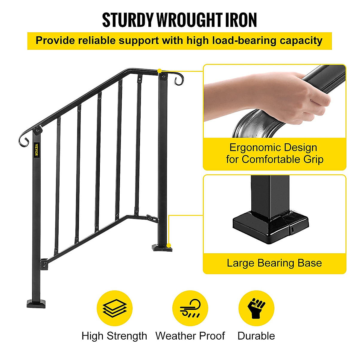 Happybuy Handrails for Outdoor Steps, Fit 2 or 3 Steps Outdoor Stair Railing, Picket#2 Wrought Iron Handrail, Flexible Porch Railing, Black Transitional Handrails for Concrete Steps or Wooden Stairs