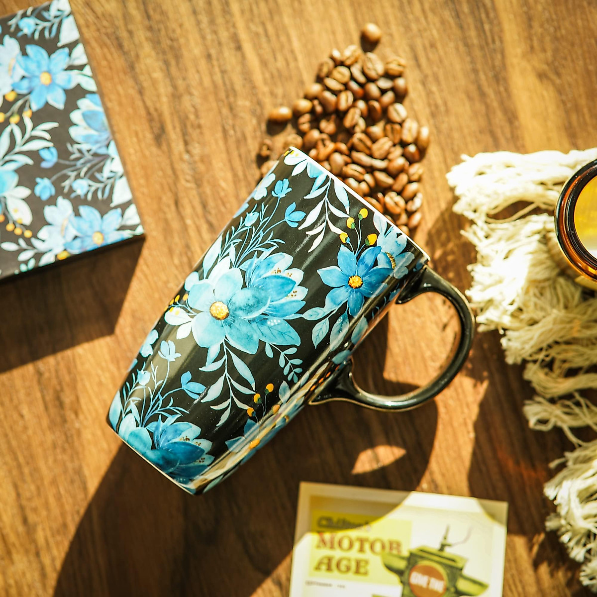 Topadorn Coffee Ceramic Mug Porcelain Latte Tea Cup With Lid 17oz., Blue Flower