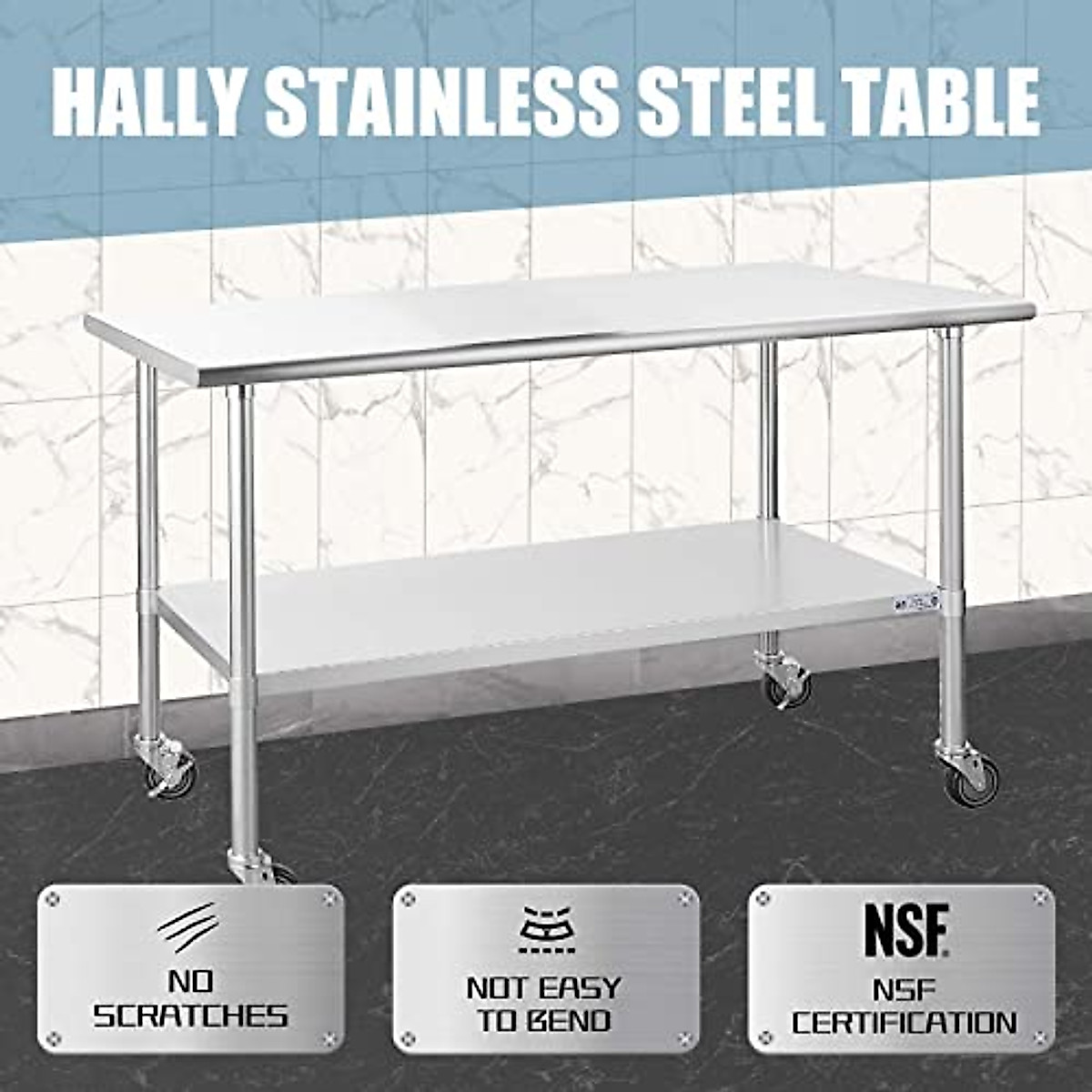 Hally Stainless Steel Table for Prep & Work 30 x 60 Inches with Caster Wheels, NSF Commercial Heavy Duty Table with Undershelf and Galvanized Legs for Restaurant, Home and Hotel