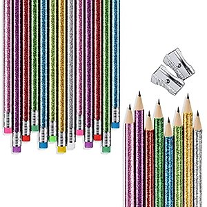 Outus Glitter Colored Pencils with Eraser Wood Colorful Pencils and Pencil Sharpeners for Kids Writing Painting(34 Pieces)
