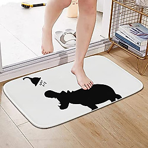 Kntiline Hippo Bathroom Rugs and Black Animal Silhouette Art Pattern Mats Sets 3 Piece, Velvet Memory Foam Black White Bath Mat, Large Small and U-Shaped Contour Shower Mat Non-Slip Washable