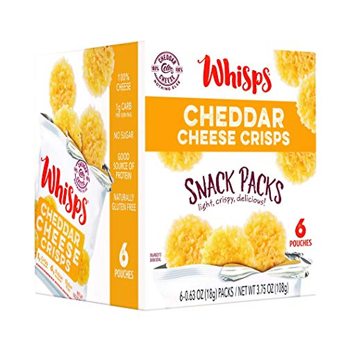 Whisps Cheddar Cheese Crisps Snap Packs Light,Crispy,Delicious 1-Box 6-Individual Pouches