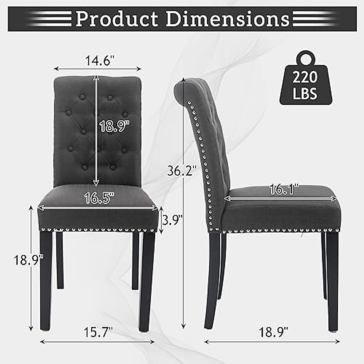 ABET Modern Dining Chairs Set of 2, Button Tufted Parsons Dining Chairs, Upholstered Fabric with Nailheads and Solid Wood Legs, Stylish Kitchen Chairs with Padded Seat, Dark Grey