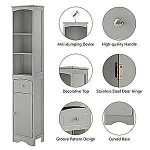 BNSPLY Tall Bathroom Cabinet with Shelves and Drawer, Slim Storage Tower with Adjustable Shelves, Narrow Bathroom Cabinet, Linen Cabinet for Bedroom, Living Room (Grey, 13.4" L x 9" W x 67" H)