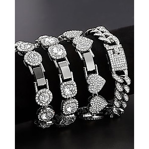 shopbyskyler 4PCS Gold Silver Bracelets for Women Diamond Cuban Bracelet Layered Link Bracelet Set Fashion Jewelry (Silver, 8inch)