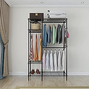 Doredo Metal Clothing Rack with Shelves, Heavy Duty Clothes Racks for Hanging Clothes, Wire Garment Racks for Hanging Clothes with 3 Hanger Rods, 4 Hooks, 45" W x 16.5" D x 70.8" H