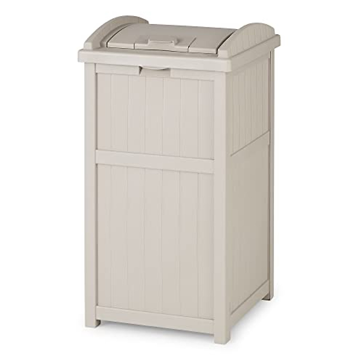 Suncast 33 Gallon Hideaway Trash Can for Patio - Resin Outdoor Trash with Lid - Use in Backyard, Deck, or Patio - Taupe