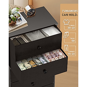 Tall Fabric Dresser for Bedroom, Vertical Storage Organizer Tower with 7 Drawers, Chest of Drawers with Bins, Steel Frame, Wood Top for Bedroom, Closet, Entryway Black