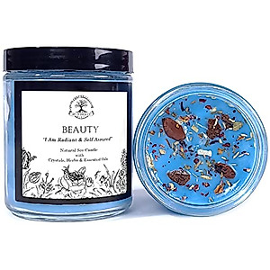 Beauty Affirmation Candle | 9 oz Natural Soy Wax | Crystals, Herbs & Essential Oils | Confidence, Empowerment & Self-Esteem Rituals | Wiccan, Pagan, Metaphysical, Spirutality