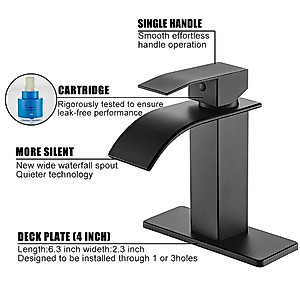 Ryuwanku Bathroom Faucet Matte Black Modern Waterfall Bathroom Sink Faucet with Single Handle Suitable for 1 or 3 Holes,Supply Deck Plate and Hose
