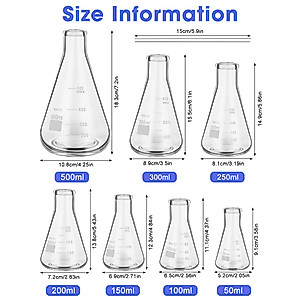 9 Pack Glass Erlenmeyer Flask Set with Glass Stirring Rod, 7 Sizes, 50ml, 100ml, 150ml, 200ml, 250ml, 300ml, 500ml, Borosilicate Glass Erlenmeyer Flasks with Printed Graduation for Lab Chemistry