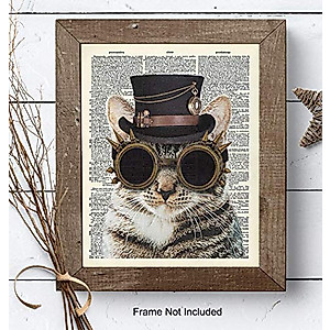 Steampunk Cat Wall Art - Funny Goth Cat Wall Decor Print for Bedroom, Veterinarian Office - Gift for Vet, Boys, Men, Teens, Women, Kitty, Kitten, Feline, Pet, Cat Lovers - Unique Gothic Dictionary Art