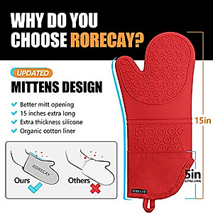 Rorecay Extra Long Oven Mitts and Pot Holders Sets: Heat Resistant Silicone Oven Mittens with Mini Oven Gloves and Hot Pads Potholders for Kitchen Baking Cooking, Quilted Liner, Red, Pack of 6