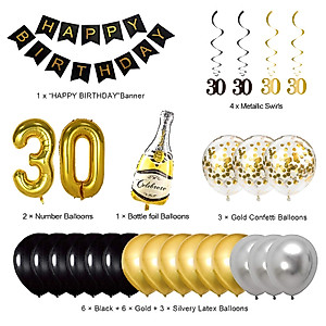 BRT Bearingshui Black and Gold 30th Birthday Party Decorations for Him Her, Happy Birthday Banner, Number 30 Foil Balloon, Black and Gold Birthday Decorations Supplies