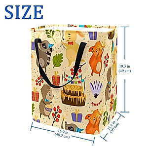 Birthday Cake Gifts and Animals Print Collapsible Laundry Hamper, 60L Waterproof Laundry Baskets Washing Bin Clothes Toys Storage for Dorm Bathroom Bedroom