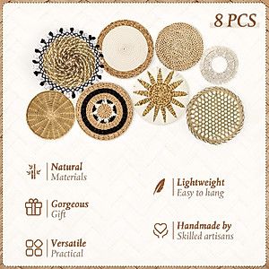 Set of 8 Wall Basket Decor Boho Wall Hanging Decor Rattan Wall Decor Flat Round Wicker Woven Macrame Tassels Tapestry Bamboo Wall Basket Serving Tray Art Handmade Set for Room Bedroom Living Room