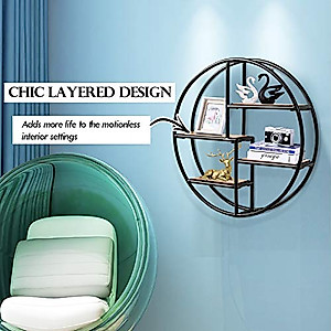 Tangkula Round Wall Shelf, Wall-Mounted Circular Shelf, Wood & Iron Wall Hanging Shelves, 4-Tier Circle Shelf Wall Decor for Home Office, Circular Floating Shelves (1, Black)