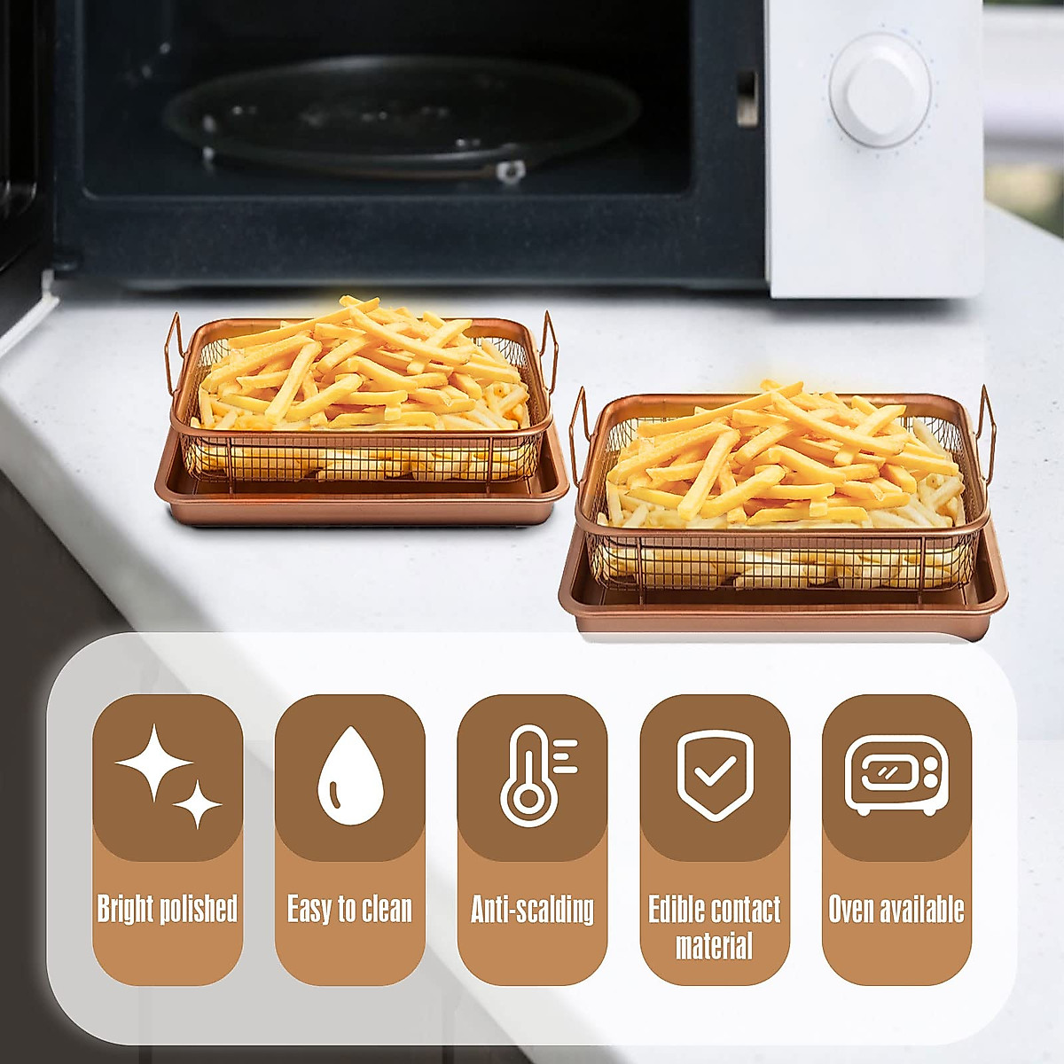 GWONGBAY 2-Piece Copper Crisper Tray,13"L x9" W Oven Pan,Copper Chef,Oven Air Fryer Tray & Mesh Basket Set,Air Fryer Pan,Microwave Bacon Tray,Broiler Pan for Oven,Baking Set Kitchen Supplies -Copper