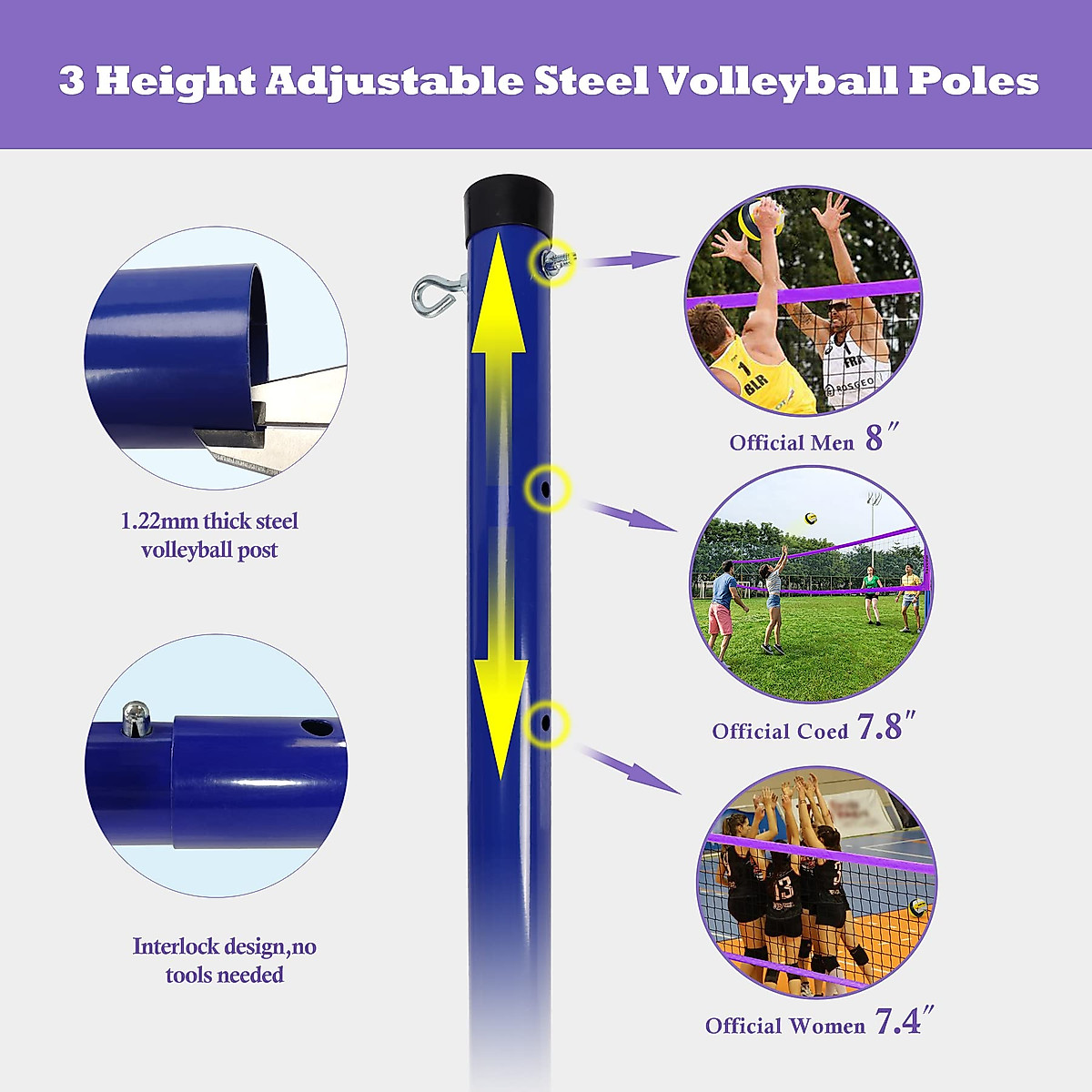 NQV Professional Portable Outdoor Purple Volleyball Net Set with Adjustable 3 Levels Height Steel Poles, Anti-sag System,Volleyball,Pump,Boundary Line and Carrying Bag for Backyard