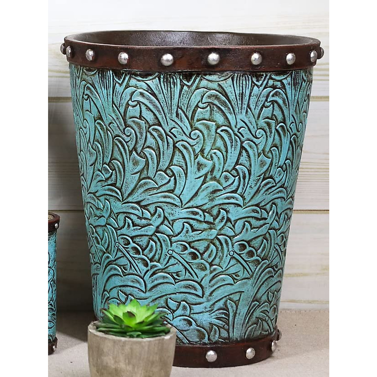 Ebros Gift Rustic Western Sculpted Turquoise Floral Patterns Flower Scroll Art with Faux Tooled Leather Nailhead Borders Bathroom Accessory (Dry Waste Basket Trash Bin)