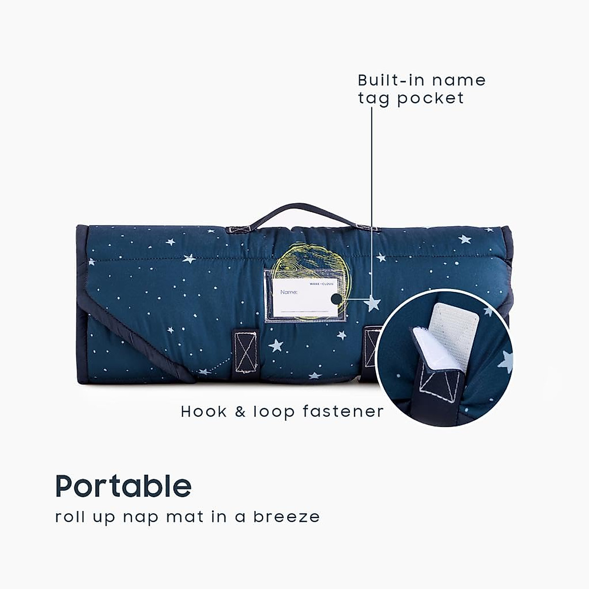 Wake In Cloud - Nap Mat with Pillow for Kids Toddler Boys Girls, Fit Preschool Daycare Sleeping Cot with Elastic Corner Straps, Rockets Stars Galaxy Space Planet on Navy Blue, 100% Soft Microfiber