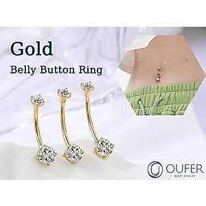 OUFER Gold Belly Button Rings, 14K Solid Gold Belly Rings, Shiny Clear CZ Belly Piercing Jewelry, Navel Rings, Long Navel Belly Rings For Women Men-14MM