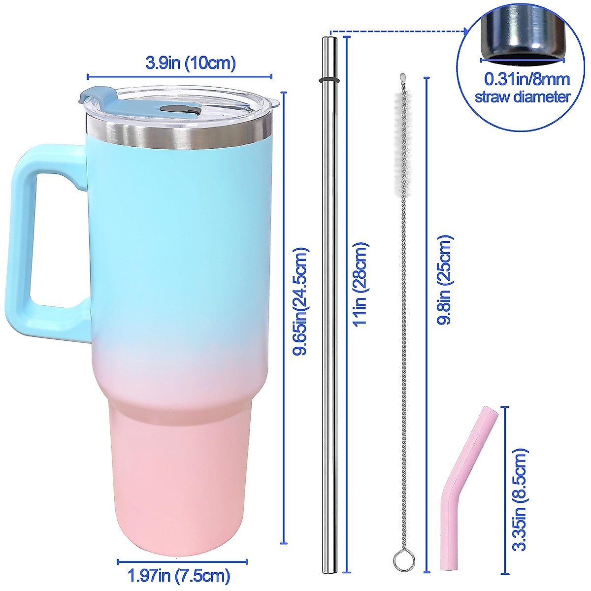 40 oz Tumbler with Handle and Straw-Stainless Steel Insulated Tumbler with Straw, Water Bottle with Straw and Handle, Insulated Cup with Handle Keeps Cold for 34Hrs or Hot for 10Hrs（Pinkblue)