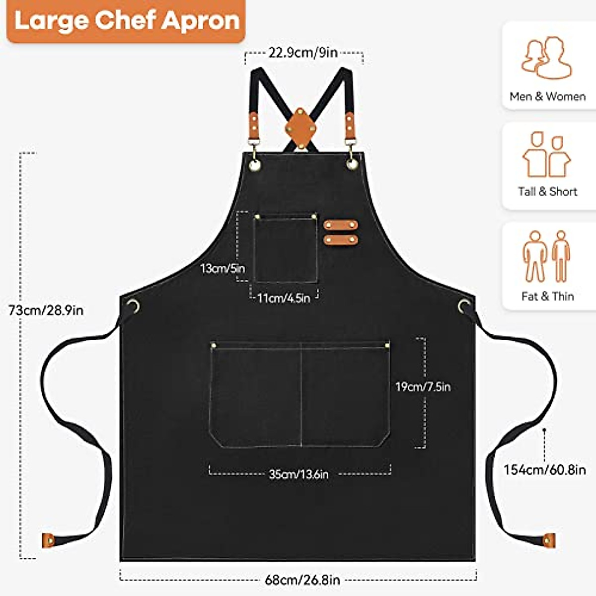 NLUS Chef Apron for Men, Heavy Duty Cotton Canvas Apron Cross Back Apron with Adjustable Straps and Large Pockets