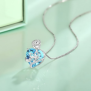 FJ Heart Butterfly Necklace 925 Sterling Silver Aquamarine Necklace March Birthstone Pendant Rose Flower Jewelry Gifts for Women