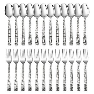 E-far 24-Piece Hammered Forks and Spoons Silverware Set, Stainless Steel Square 12 Dinner Forks and 12 Dinner Spoons, Modern Metal Flatware Cutlery for Kitchen and Restaurant, Dishwasher Safe-7.9 Inch