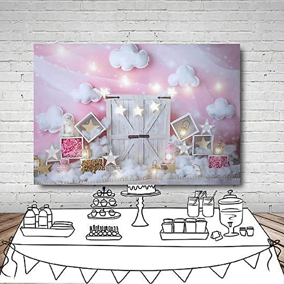 MEHOFOND Sweet Pink and White Cloud Photo Studio Backdrop Props Birthday Girl Baby Shower Party Decorations Twinkle Twinkle Little Stars Portrait Photography Background Banner for Cake Smash 7x5ft