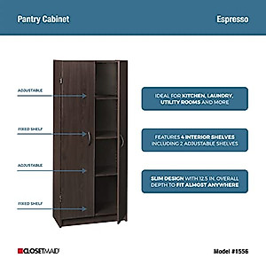 ClosetMaid Pantry Cabinet Cupboard with 2 Doors, Adjustable Shelves Standing, Storage for Kitchen, Laundry, or Utility Room, Espresso