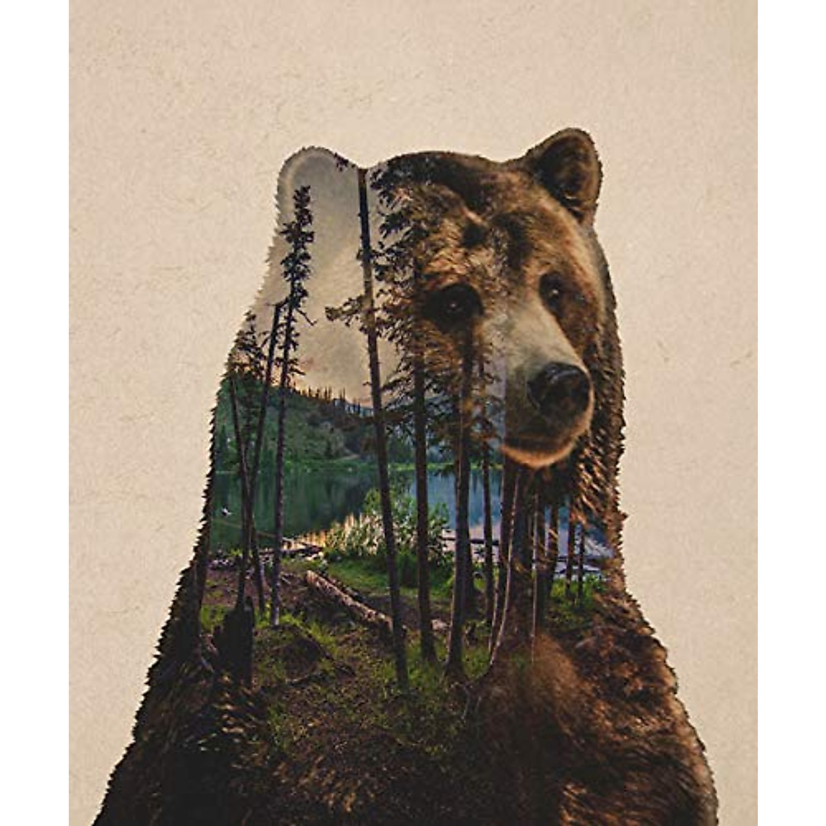 Rustic Double Exposure Bull Moose and Bear Landscape Set; Cabin Lodge Decor; One 11x14 and One 14x11in Gold Trim Brown Framed Poster Print