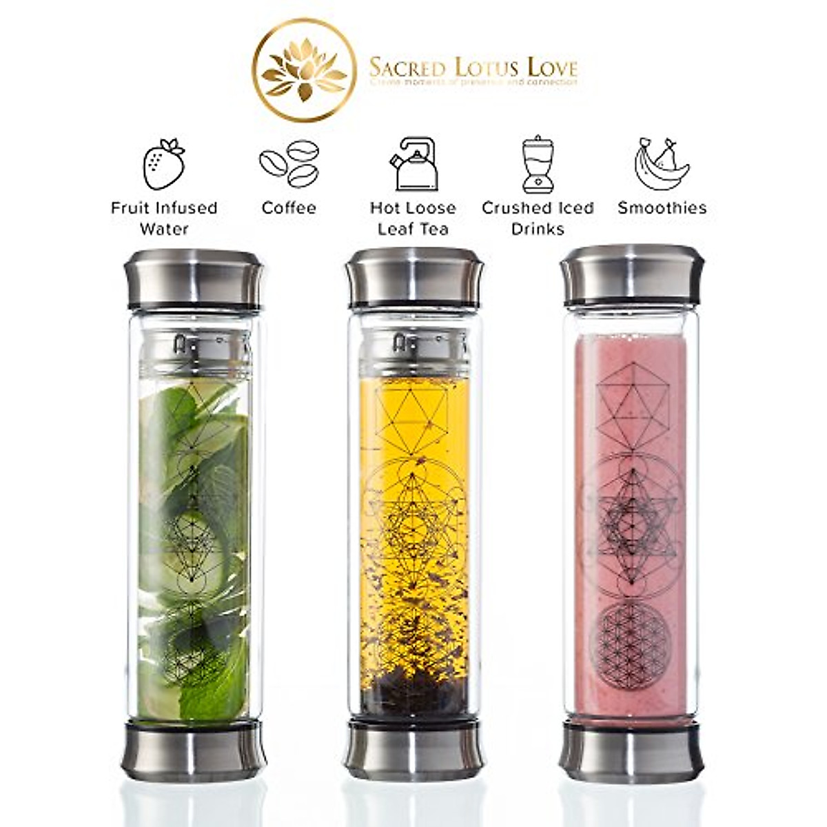 The Sacred Tea Bottle with Infuser & Strainer Combo - BPA Free Glass Travel Tumbler with Stainless Steel Filter. Leakproof Tea Mug for Loose Leaf Tea and Fruit Water 14 Ounce