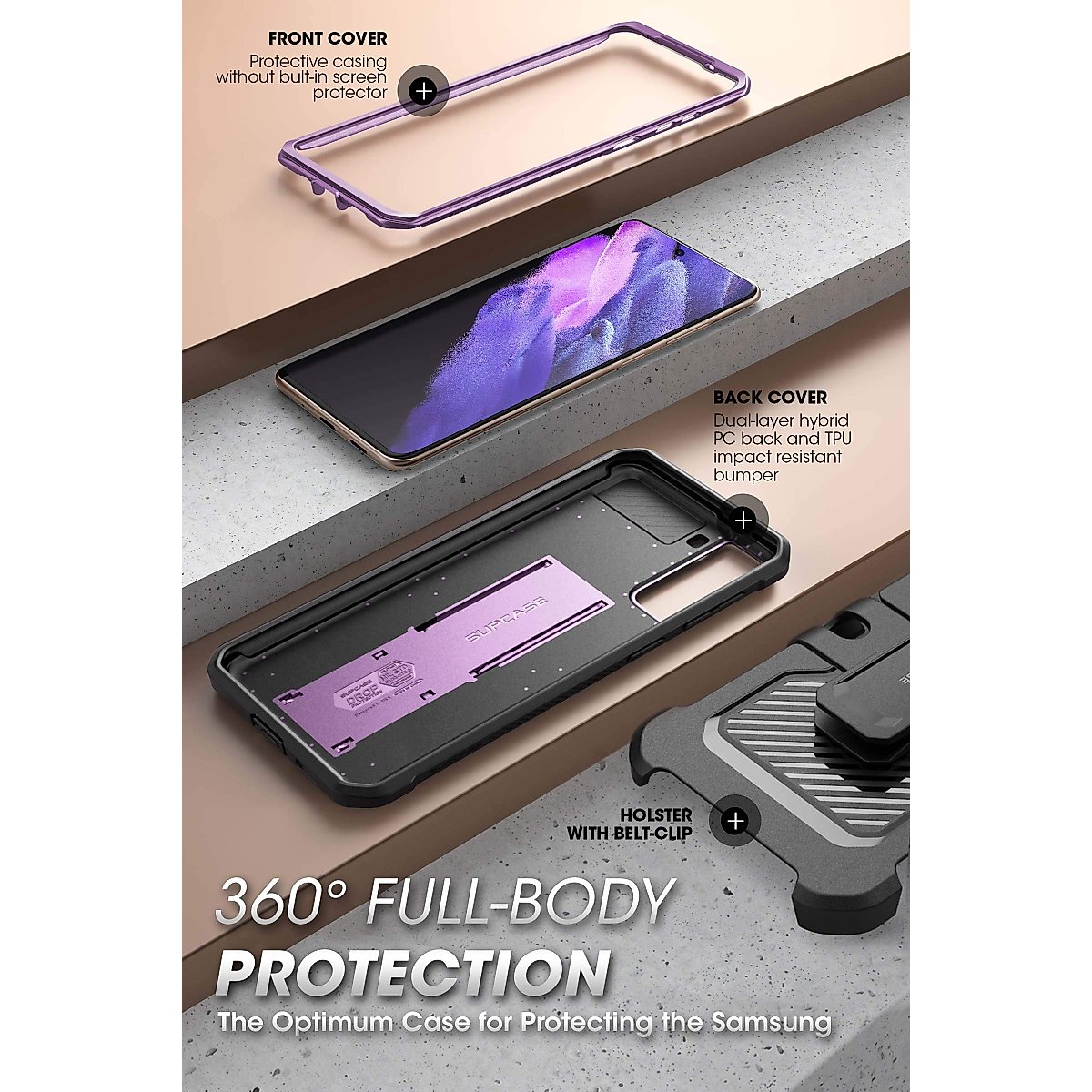 SUPCASE for Samsung Galaxy S21 5G Case with Satnd (Unicorn Beetle Pro), [Built-in Belt Clip] Heavy Duty Shockproof Protective Phone Case without Built-in Screen Protector for Galaxy S21, Violte