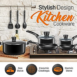 SereneLife Kitchenware Pots & Pans Basic Kitchen Cookware, Black Non-Stick Coating Inside, Heat Resistant Lacquer (11-Piece Set), One Size, Black