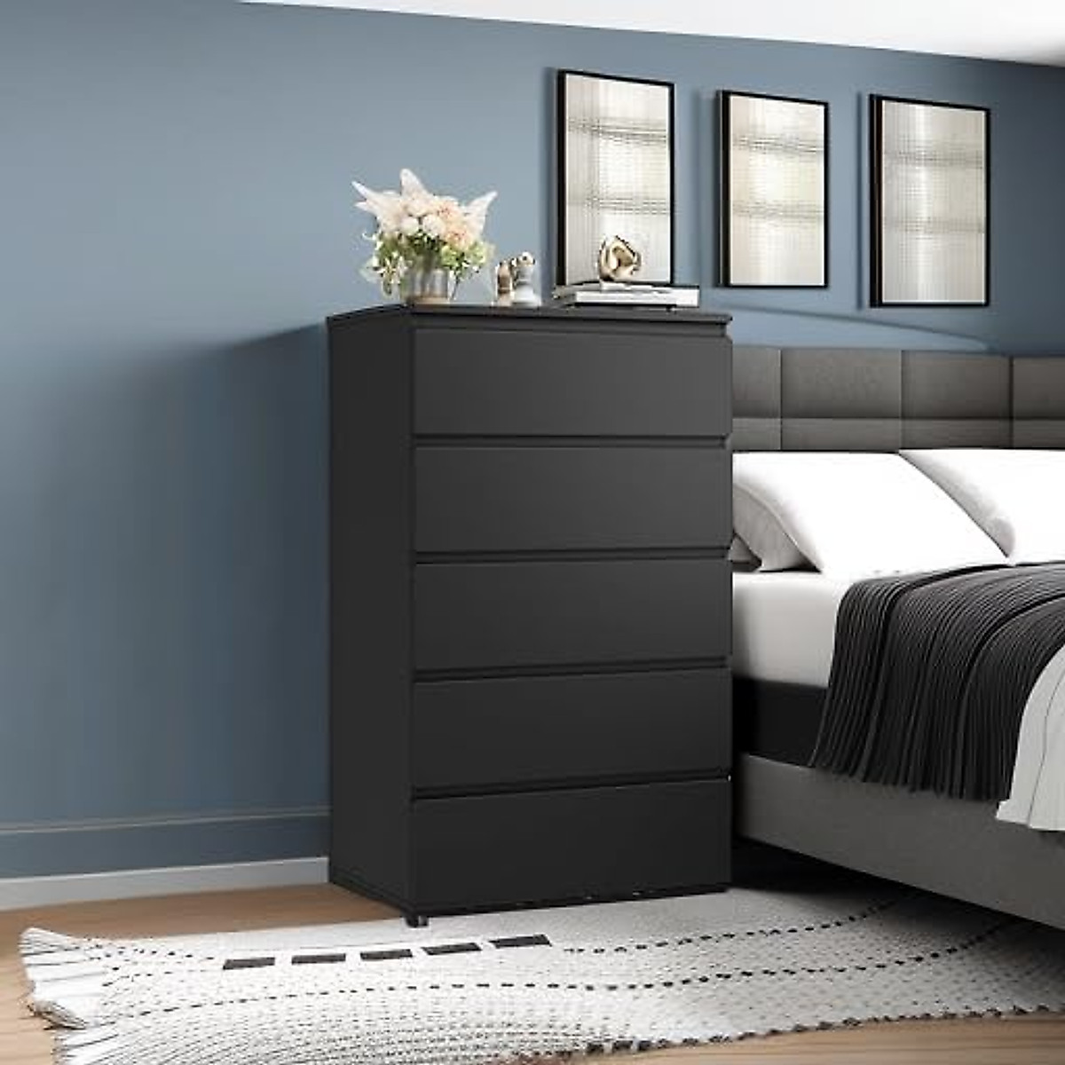 FOTOSOK Black Dresser, 5 Drawer Dresser Tall Black Dresser with Large Storage Space, Modern Storage Chest of Drawers, 23.6L x 17.6W x 39.1H Inch Storage Organizer Cabinet for Home, Black