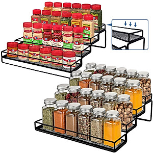 IFELS Spice Rack Organizer for Cabinet, 4 Tier Seasoning Organizer, Expandable Spice Rack Shelf,Step Spice Storage Holder, for Kitchen Cabinet Countertop,with Protection Railing, Metal (Black,2 PC)